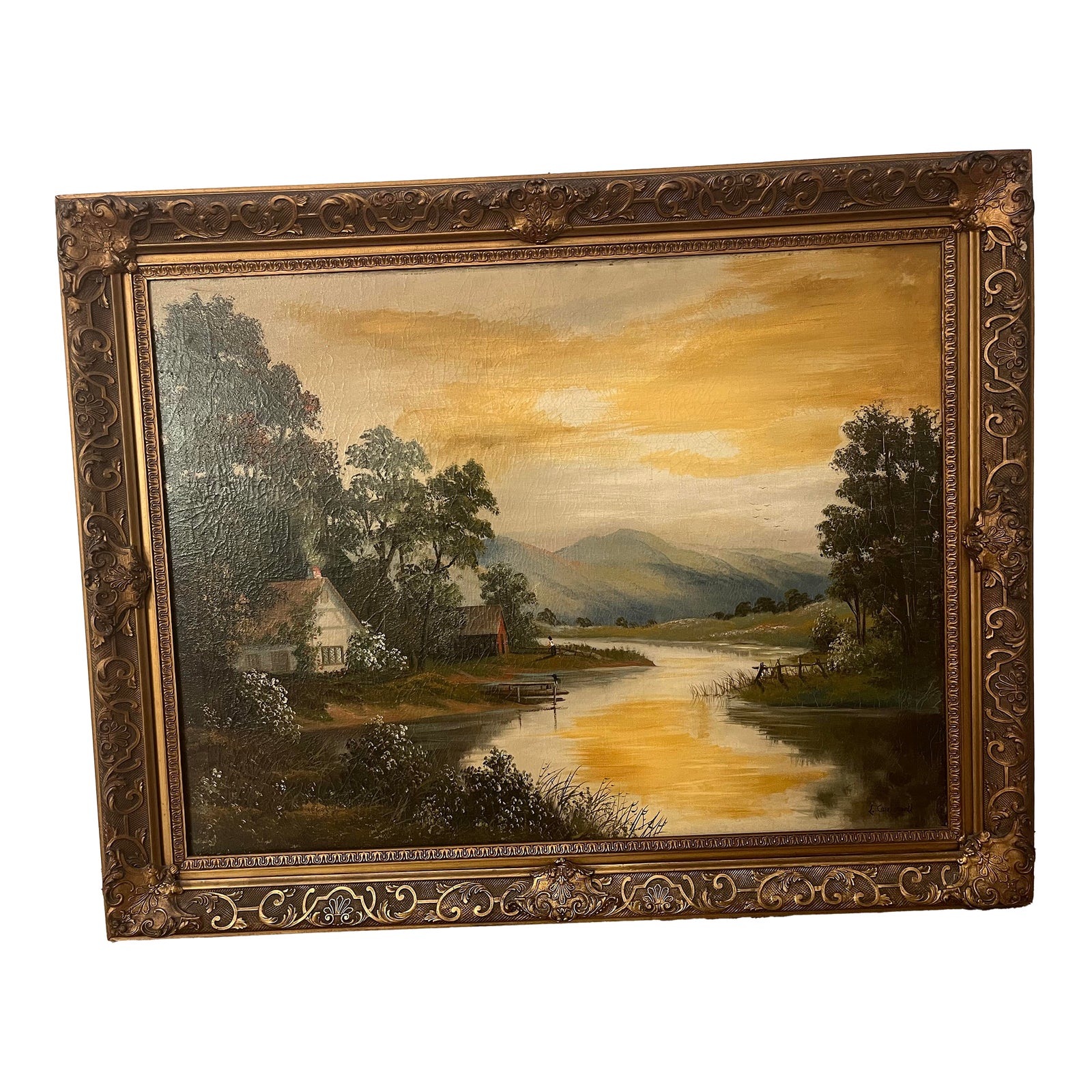 Antique River Landscape Oil Painting, Signed L. Couldwell, Ornate Gilt ...
