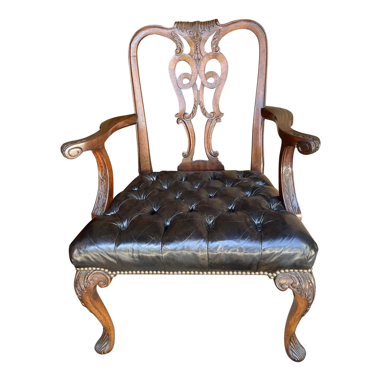 1980s Vintage Georgian Style Tufted Leather Accent Chair | Chairish