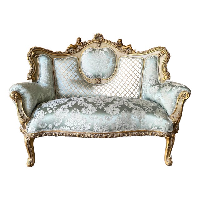 French Rococo Style Sofa Sky Blue Color and Gold Leaf Details | Chairish