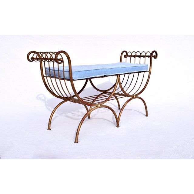 S. Salvadori Gold Enameled Double Curule Bench in Blue Velvet | Chairish