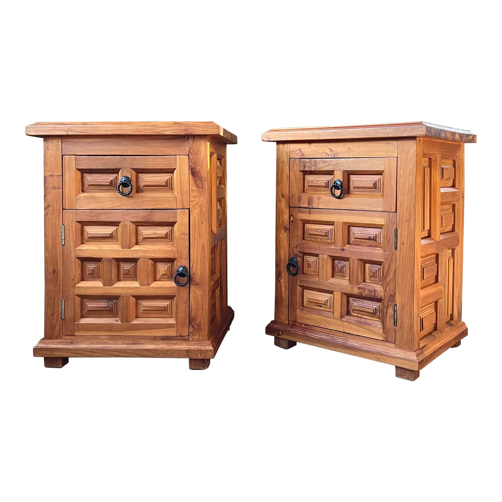 1970s Pair of Spanish Carved Wood Bedside Tables | Chairish