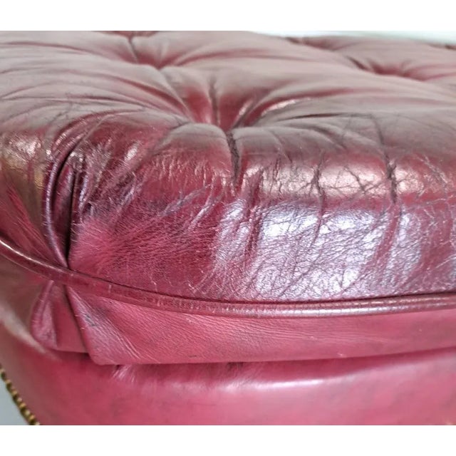Vintage 2000s Burgundy Tufted Leather Nailhead Ottoman Footstool | Chairish