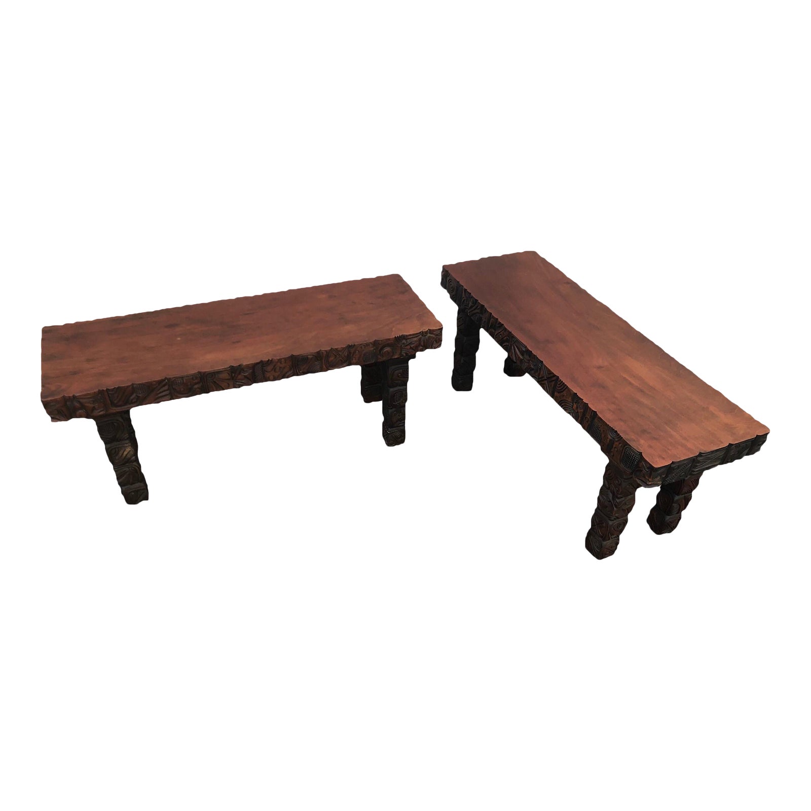 Pair of 1960’s Polynesian Mayan Influenced Hand Carved Wooden Benches ...