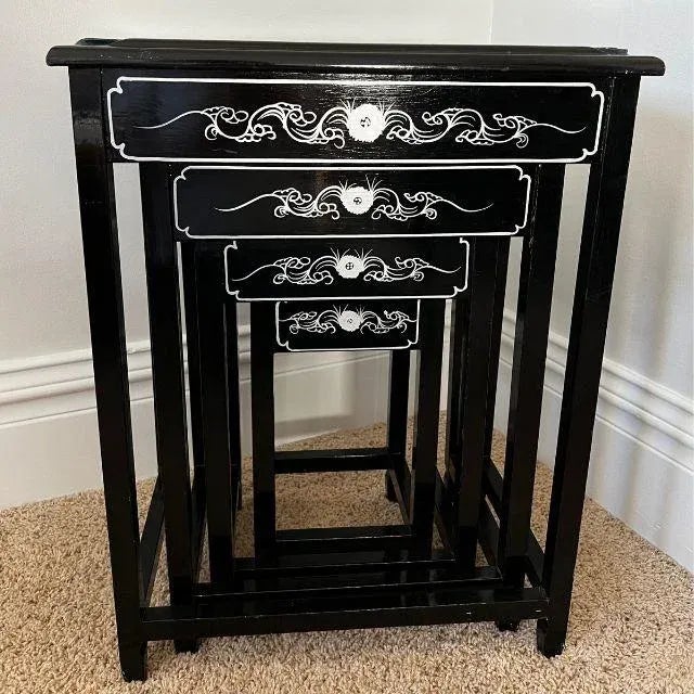 Mid-Century Chinese Hand-Painted, Glass-Topped Nesting Tables, Set of ...