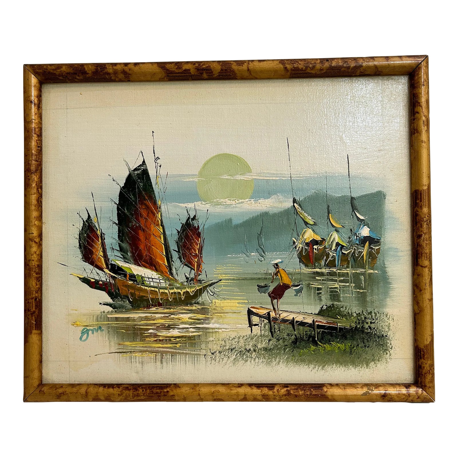Mid Century Oil on Board Chinese Junk Boats Painting | Chairish