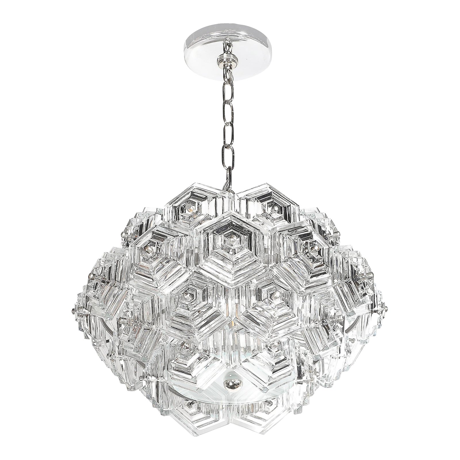 Mid-Century Hexagonal Prism & Frosted Glass Diffuser Chandelier by Veb ...