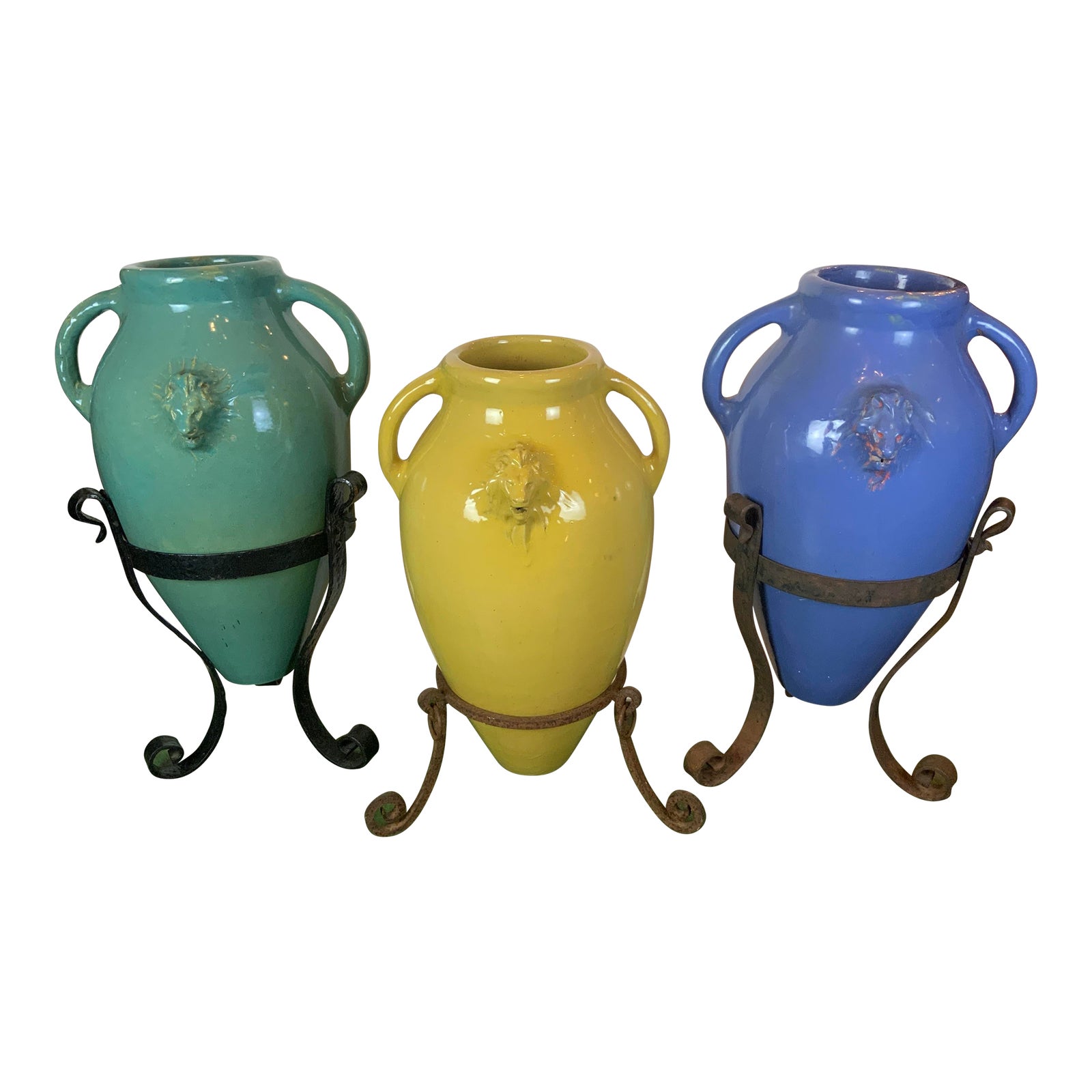 Colorful Oil Jars in Stands - Set of Three From the 1920's | Chairish