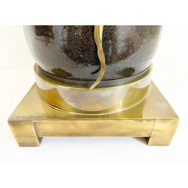 1970s Oversize Chocolate Ceramic & Brass Leaves Lamp & Shade | Chairish