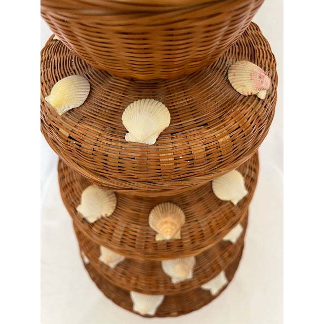 Vintage Stacked Wicker Basket Lamp With Shell Accents | Chairish
