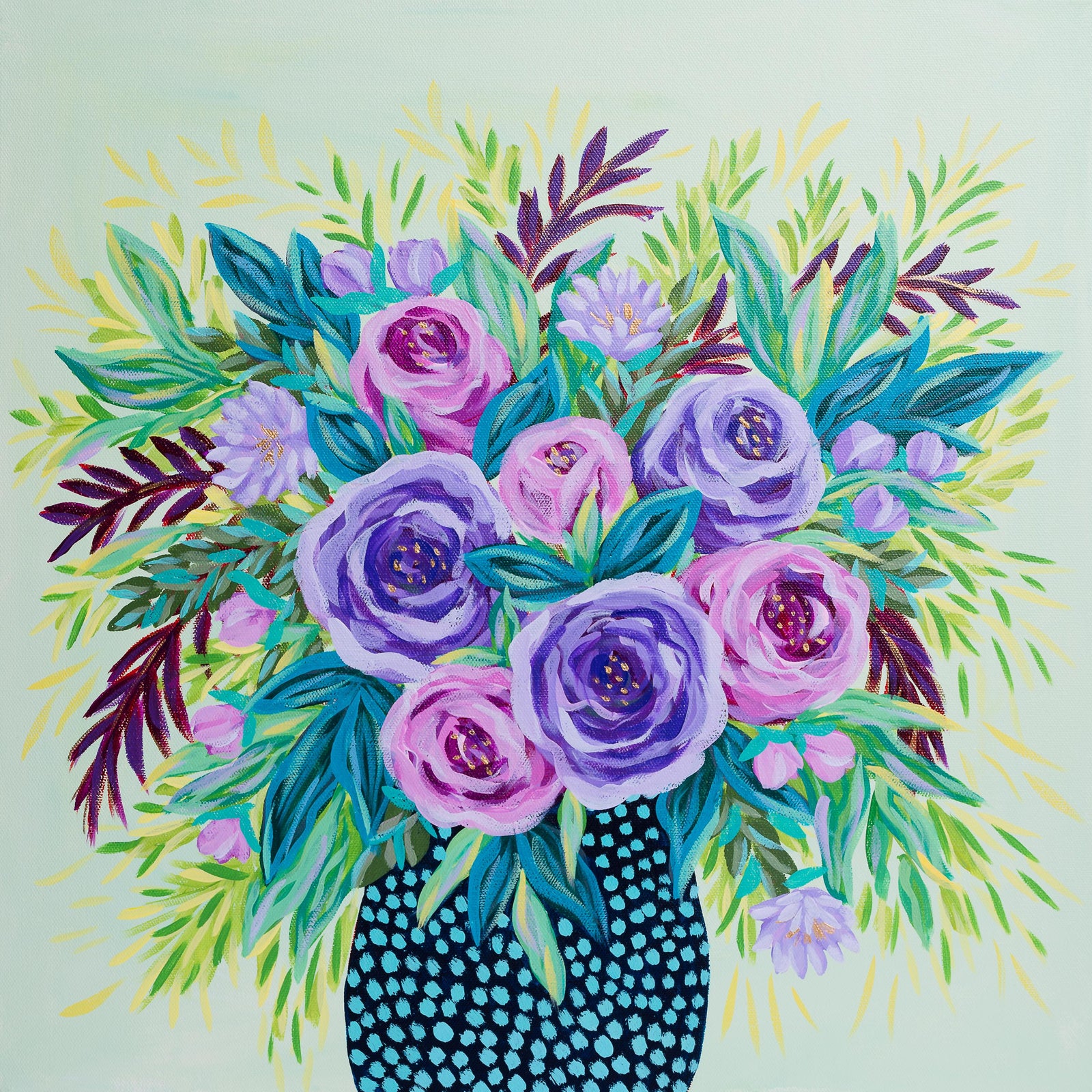 "Healing Garden" Pink, Purple and Green Rose Bouquet Acrylic Painting ...