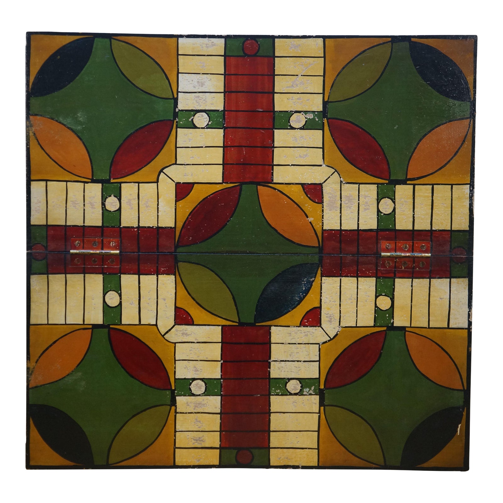 Antique Folk Art Double Sided Folding Parcheesi Chess Checkers Game ...