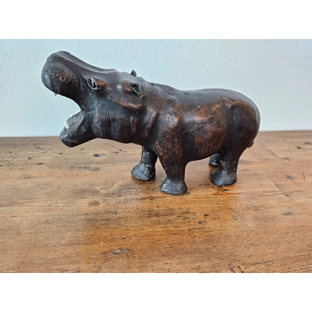 Antique European Carved Leather Warpped Hippo Figure Statue | Chairish