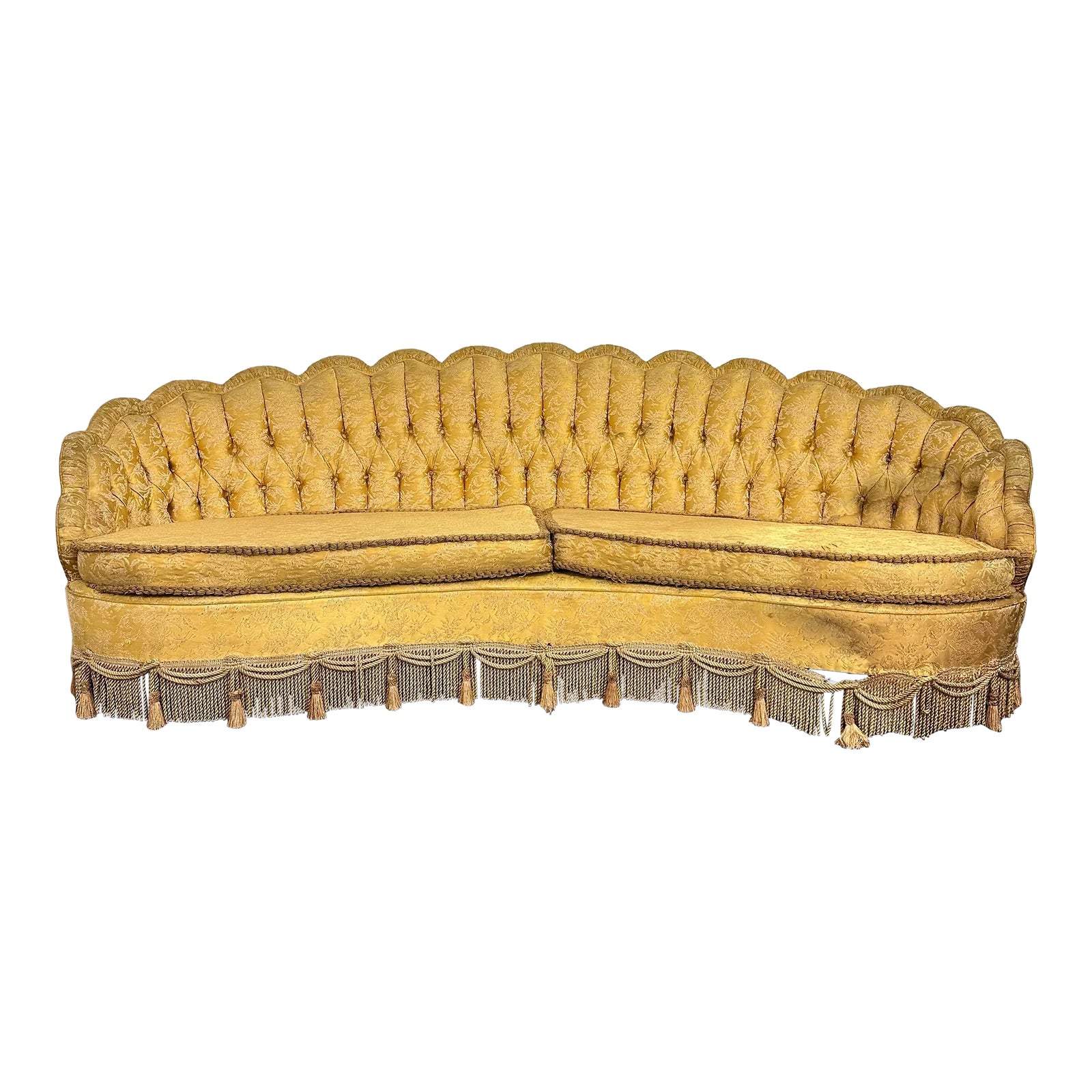 Hollywood Regency Curved Scallop Back Sofa | Chairish