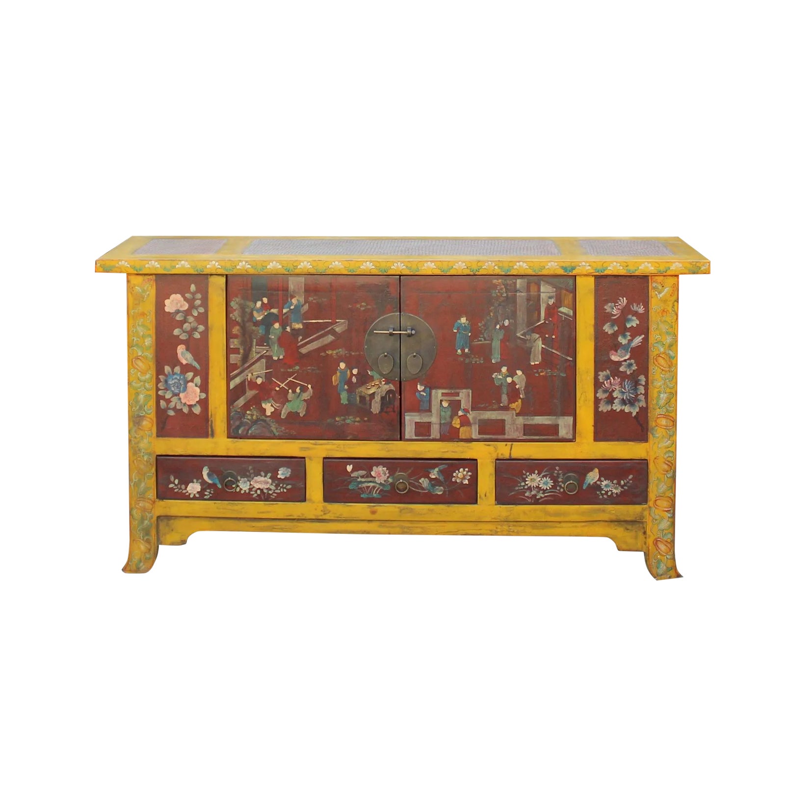 Chinese Distressed Yellow Rattan Scenery Graphic Console Table Cabinet ...