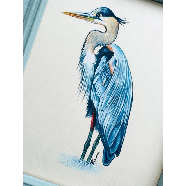 Hand Painted Blue Heron Painting in a Vintage Frame | Chairish