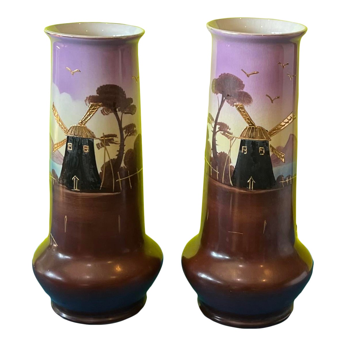 Antique Rubian Windmill Porcelain Vases - a Pair | Chairish