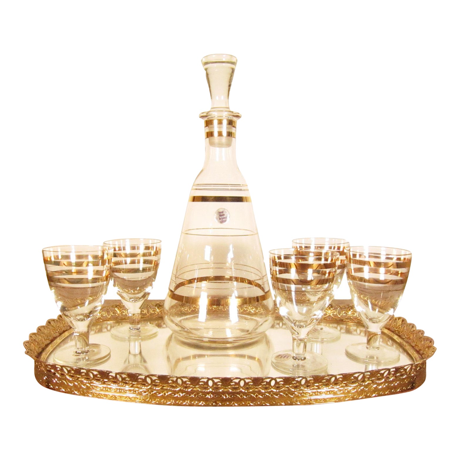 Mid Century Hand Made Crystal Glass 24k Gold Trim Strip Decanter ...