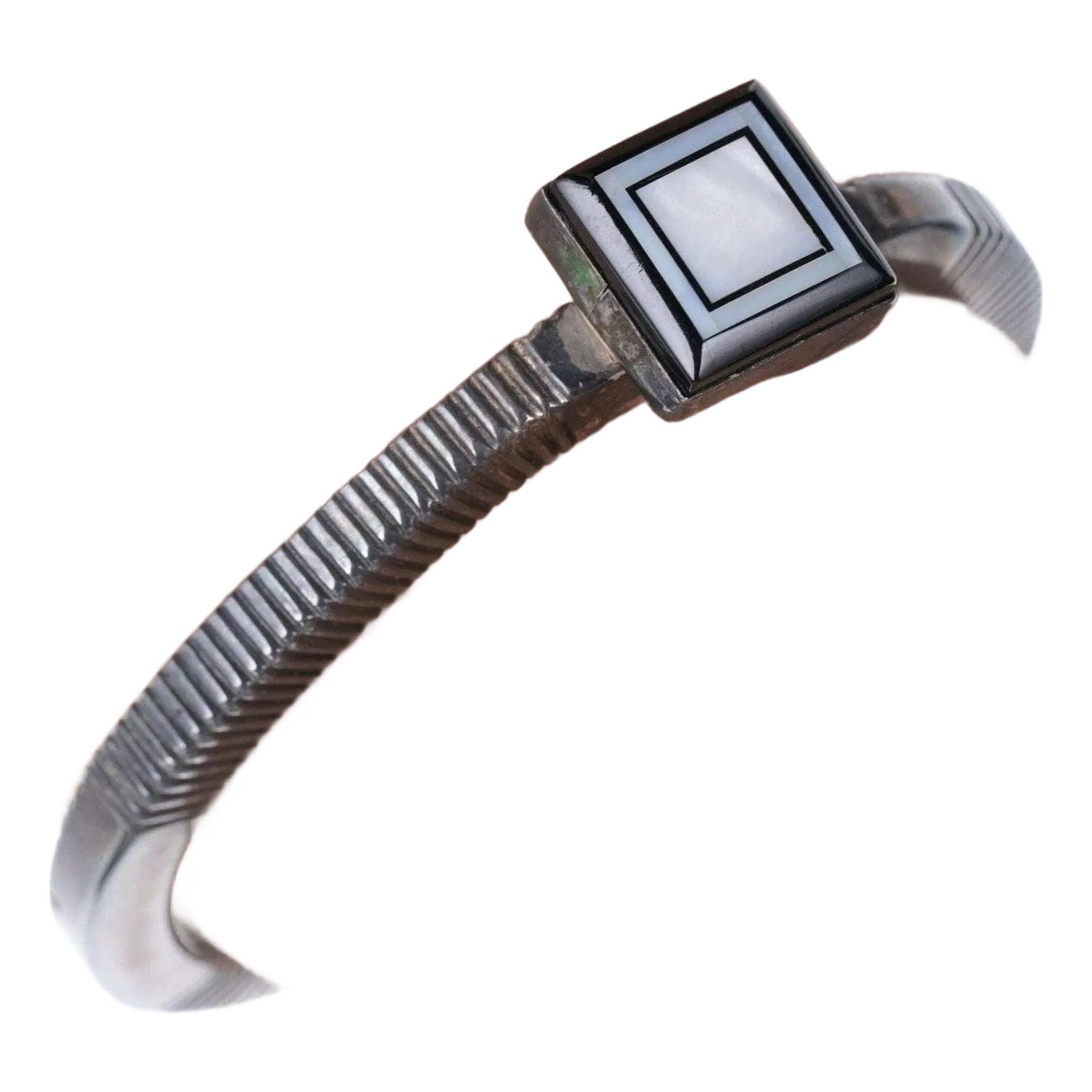 Ronnie Willie (Navajo) Heavy stamped sterling bracelet with jet and shell inlay | Chairish