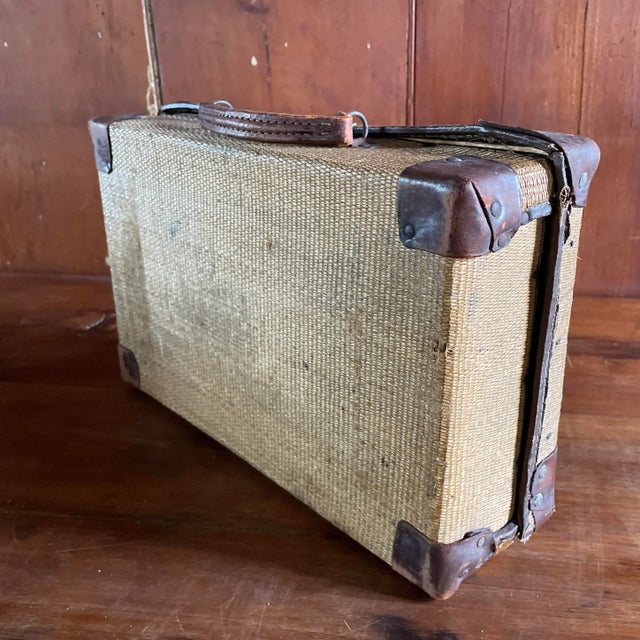 1900s Antique Edwardian Rattan Sisal Travel Suitcase with Leather ...