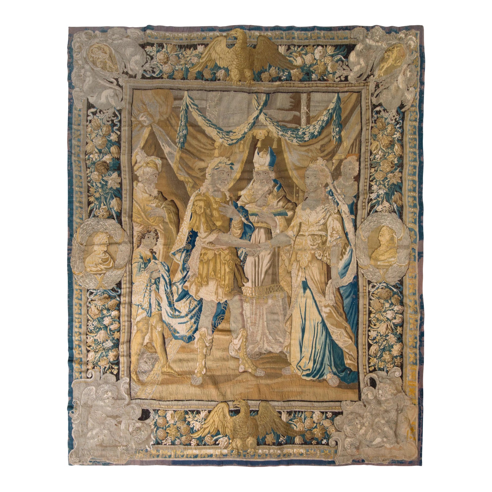 Handmade Antique Pictorial Tapestry in Beige-Brown and Blue Heraldic ...