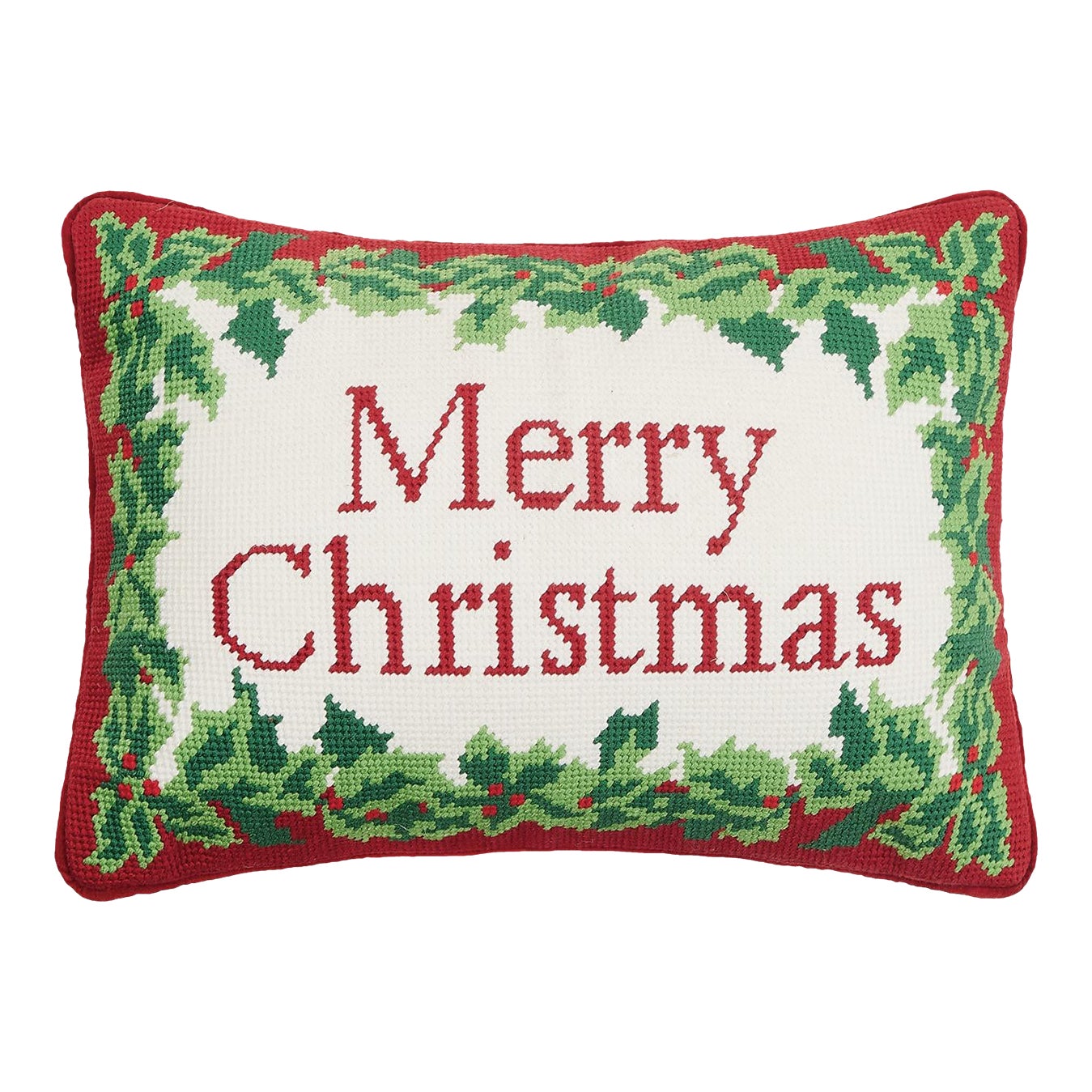 Merry Christmas Embroidered Needlepoint Pillow, 10" x 14" | Chairish