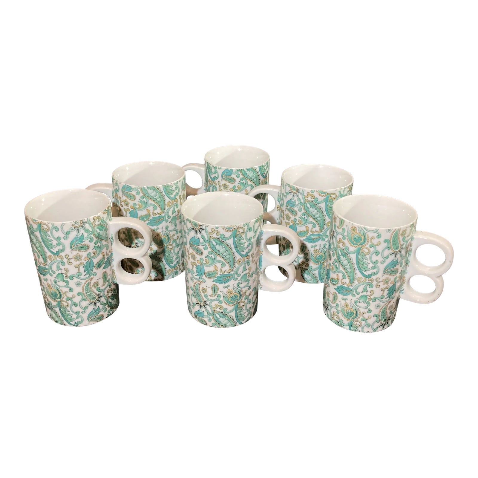 Vintage Teal Paisley Double Finger “Trigger” Mugs - Set of 6 | Chairish