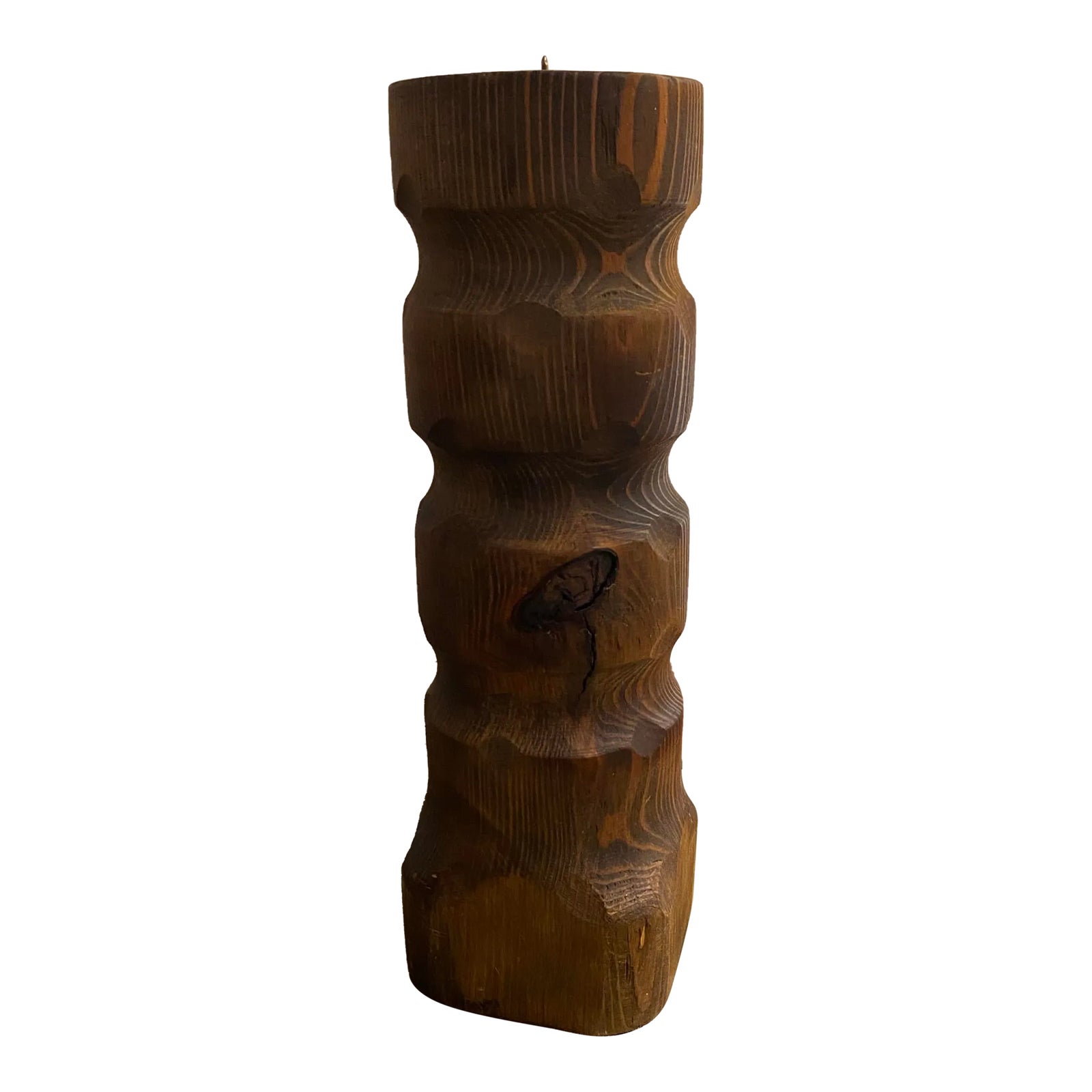 Vintage Knotty Pine Primitive Hand Carved Wooden Candle Pillar | Chairish