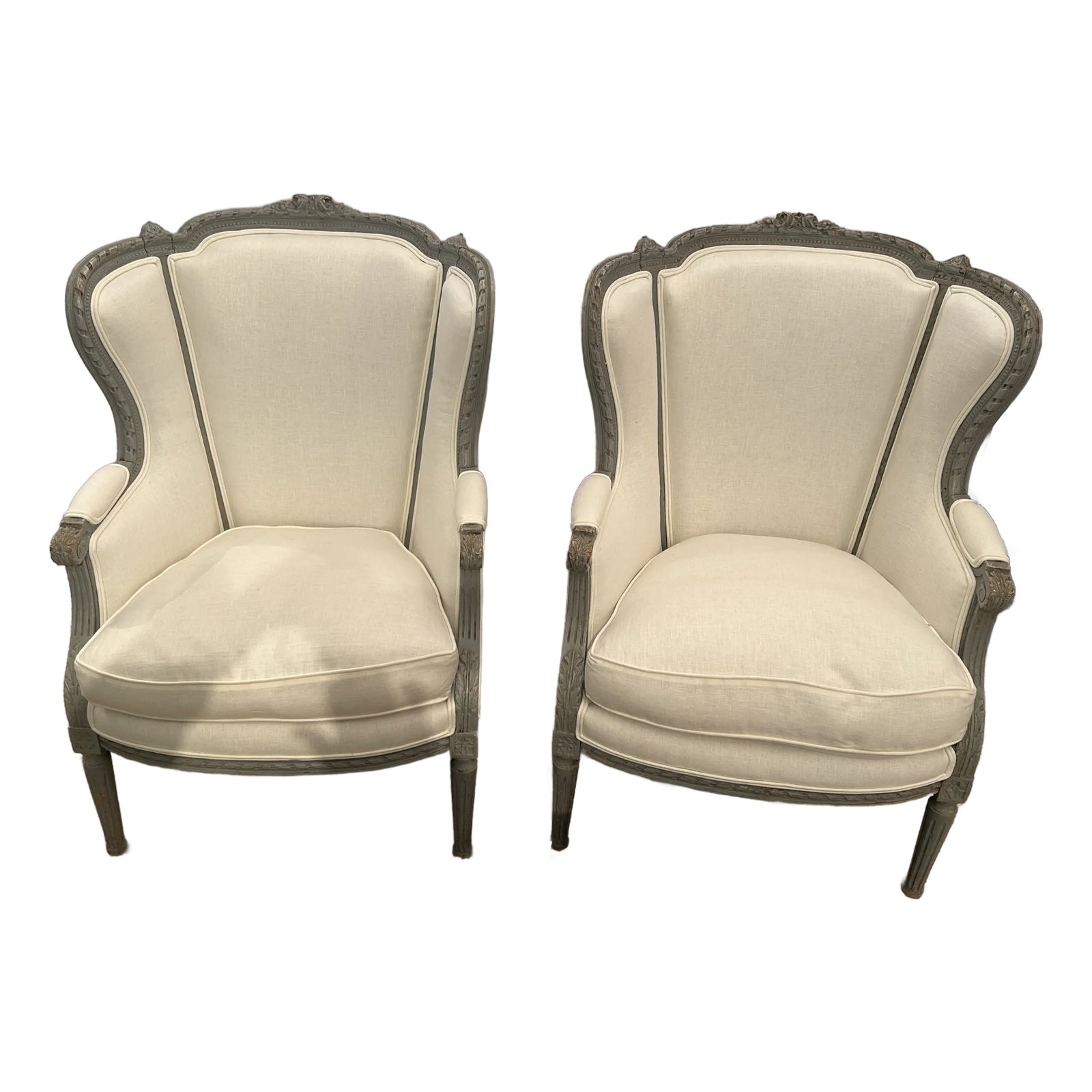 French Style Grey Painted and Freshly Upholstered Bergeres - A Pair ...