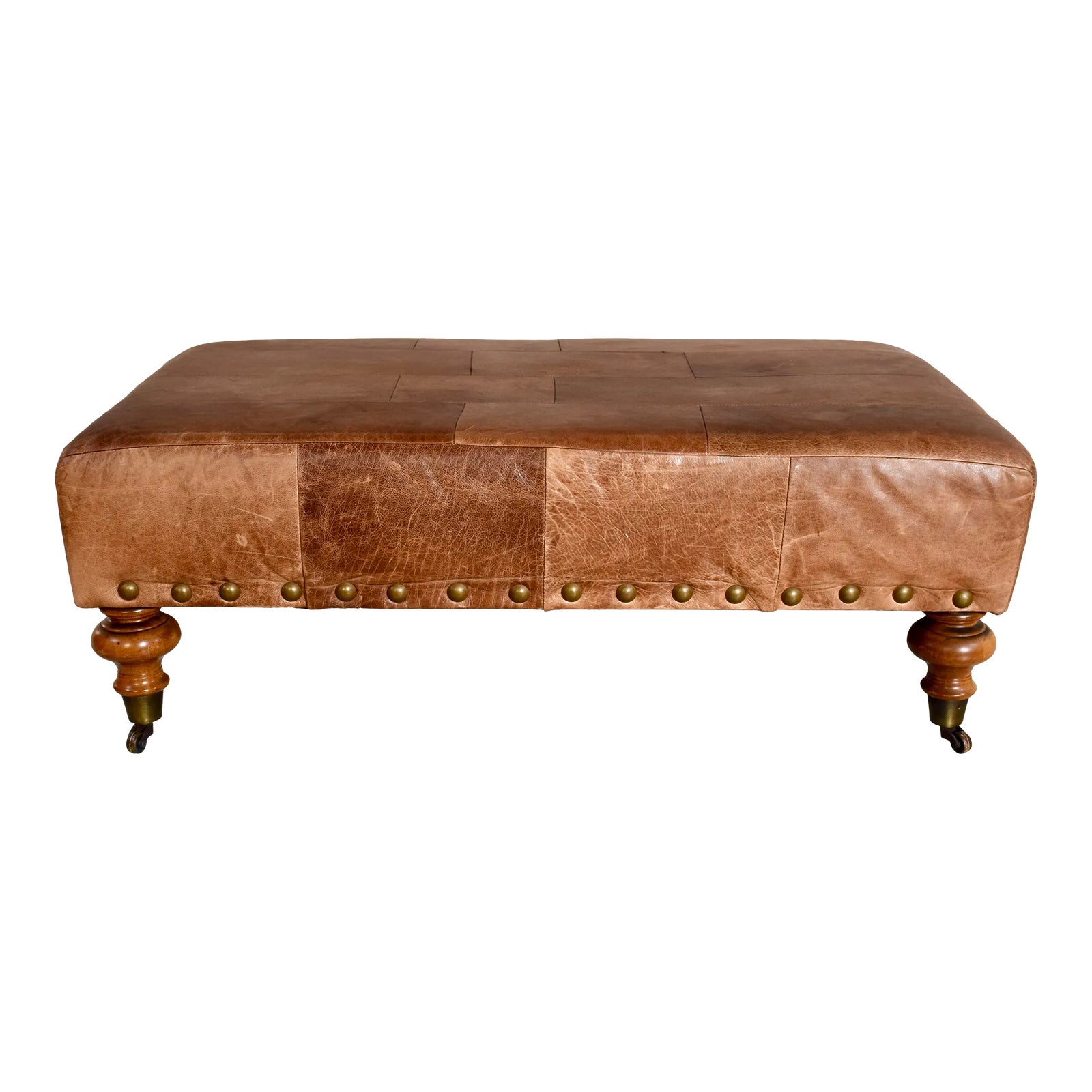 Vintage Patchwork Leather Ottoman on Casters | Chairish