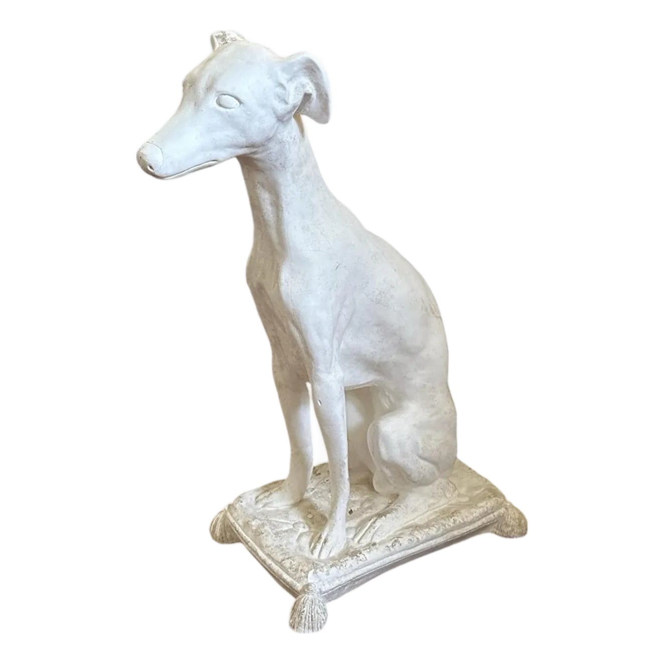 Vintage Aged Plaster Seated Greyhound on Tasseled Pillow Statue | Chairish