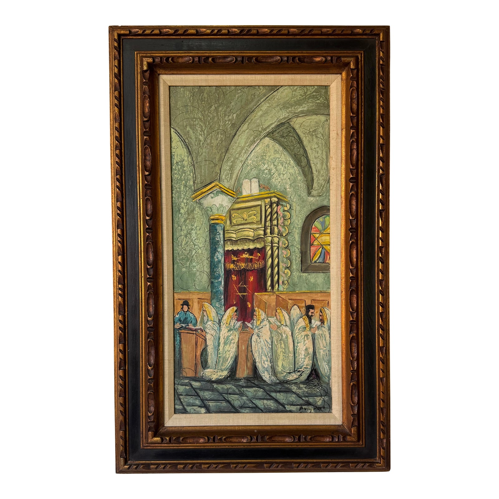 1970’s Vintage Synagogue Interior Oil on Board Painting, Signed | Chairish