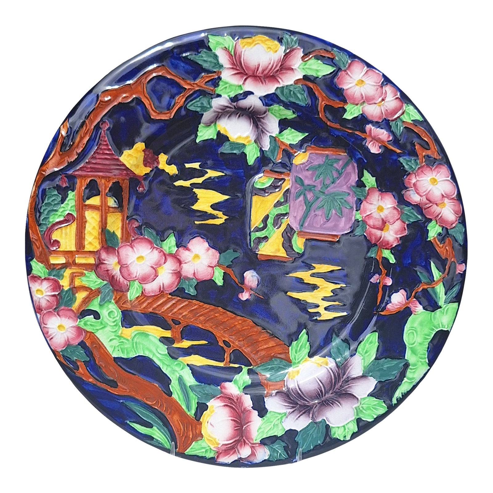 Maling England Majolica Style Asian Motif Pottery Cabinet Plate | Chairish