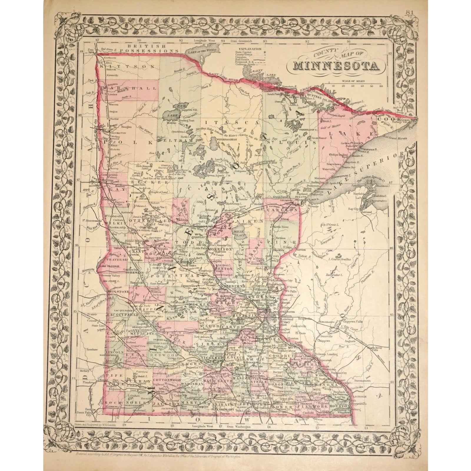 Original Antique Map of Minnesota(USA), C. 1882 | Chairish