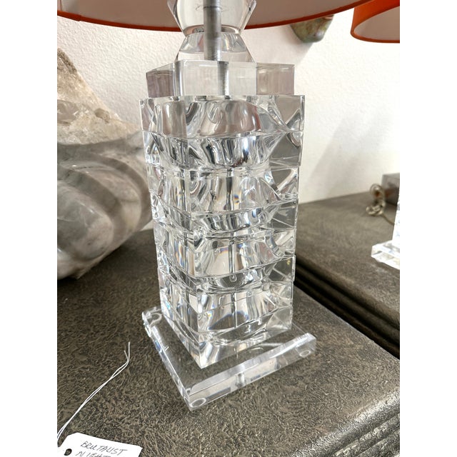 Vintage 1980s Lucite Lamps with Orange Shades - a Pair | Chairish