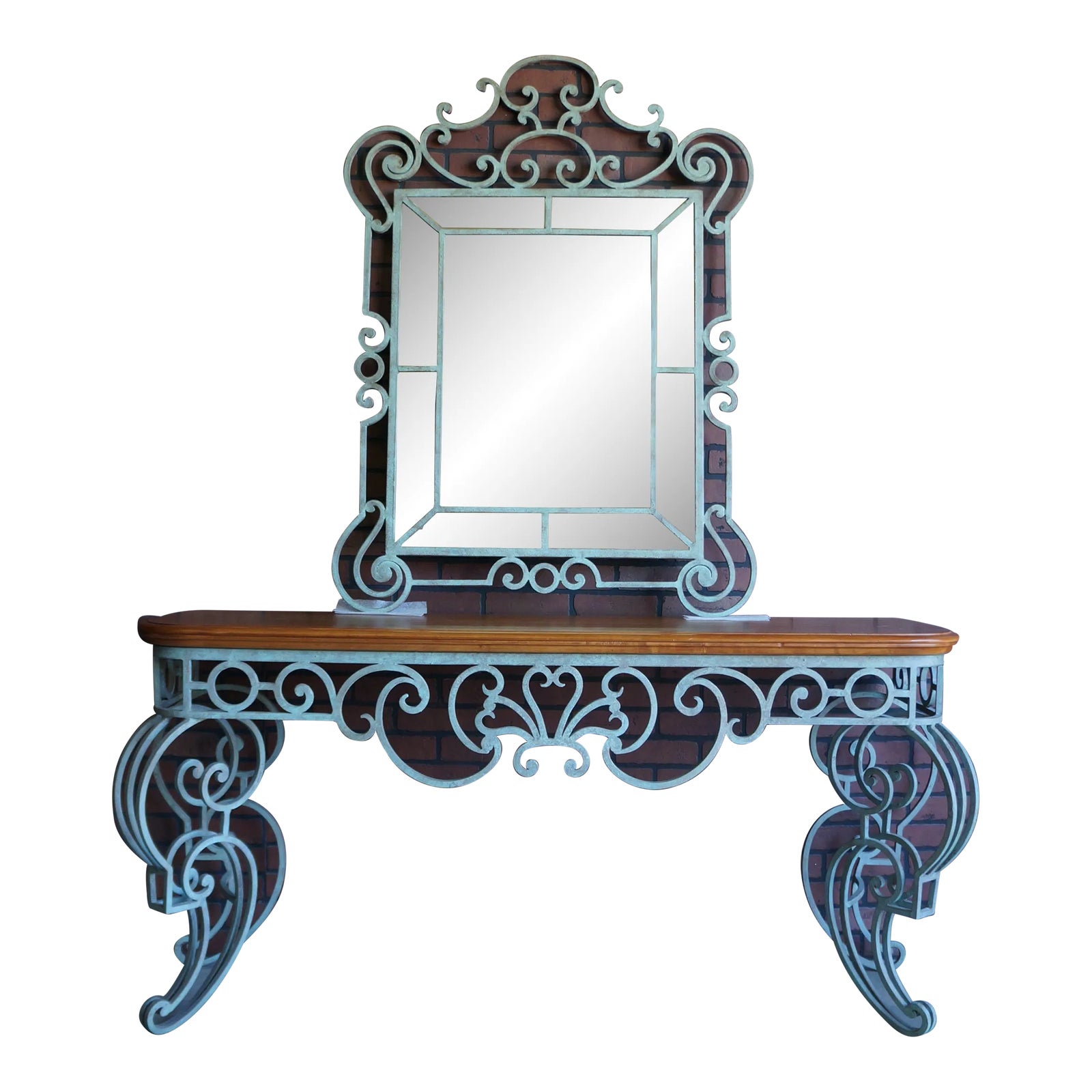 1990s Ethan Allen Hand Forged Iron Console Table & Mirror - Set of 2 ...