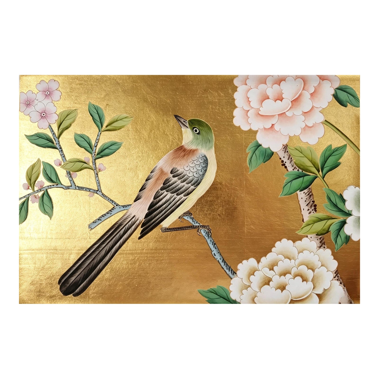 Luxury Hand Painted Gold Leaf Wallpaper With Bird & Peony Floral Design ...