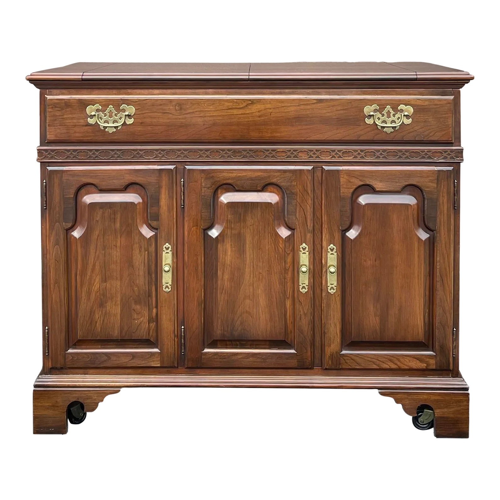 1970s Ethan Allen Georgian Court Chippendale Cherry Flip Top Server (11-6237) | Chairish