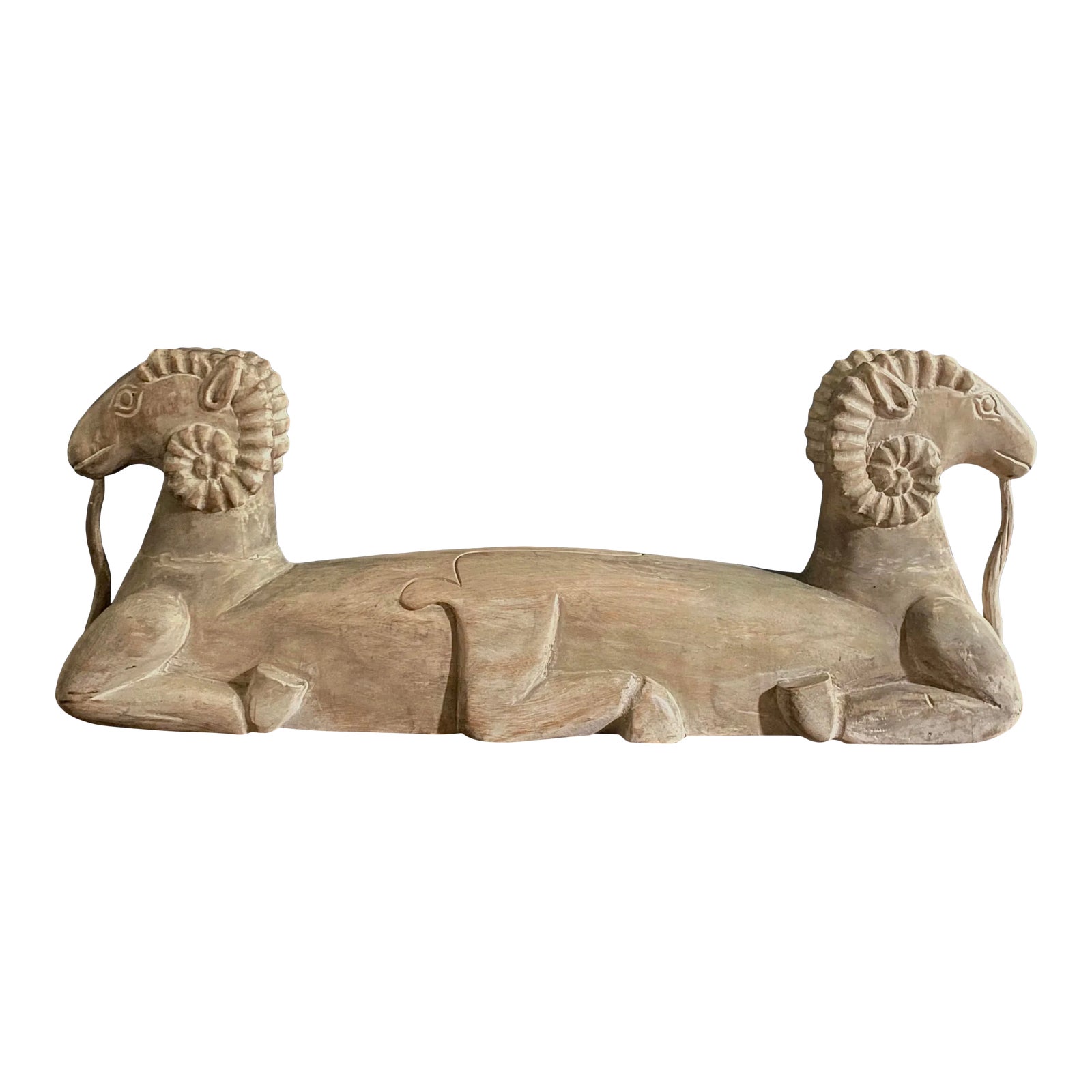 Vintage Folk Art Carved Wood Two Headed Ram Sculpture | Chairish