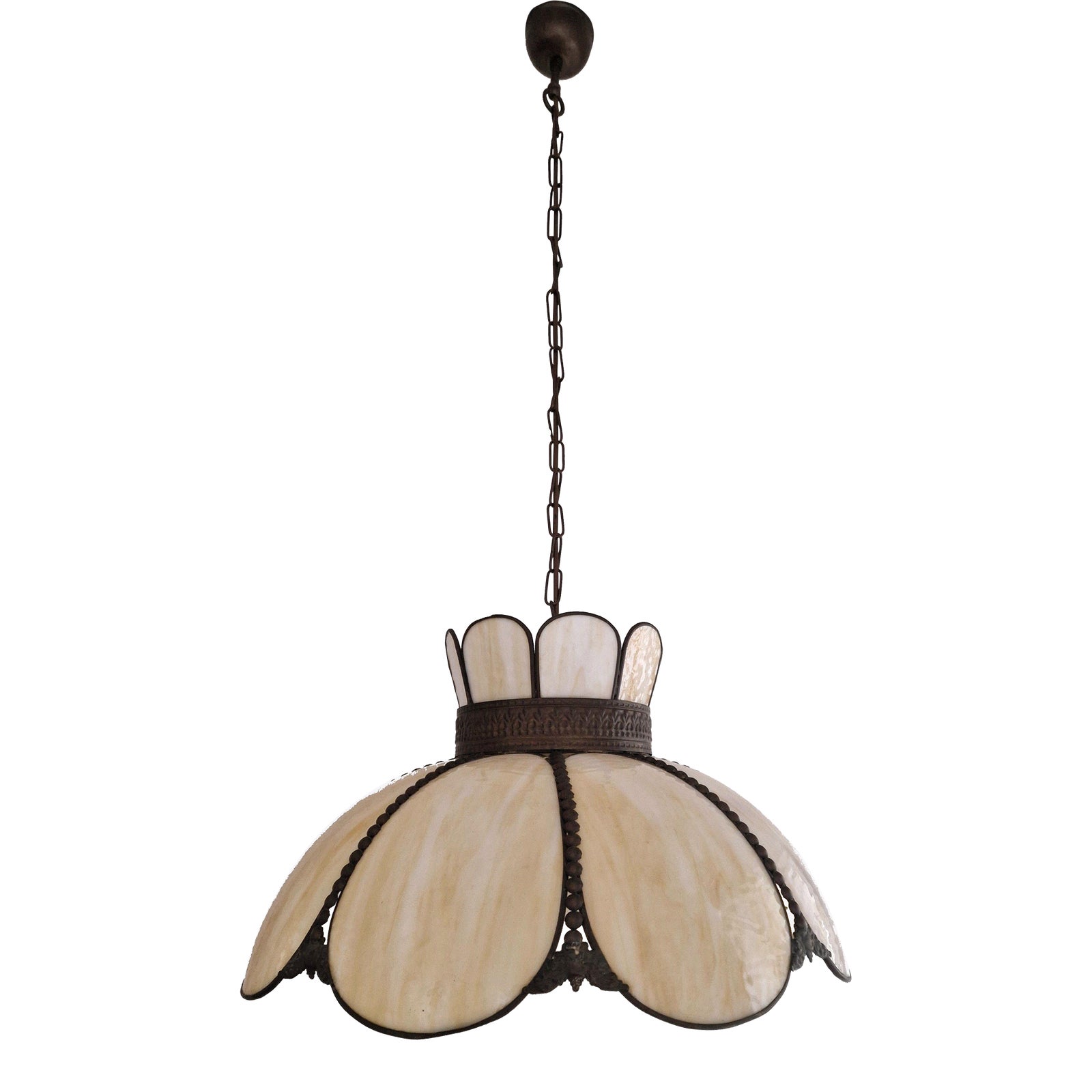 Vintage Tiffany Style Beige Pendant Lamp, Mid-Century Handmade Stained ...