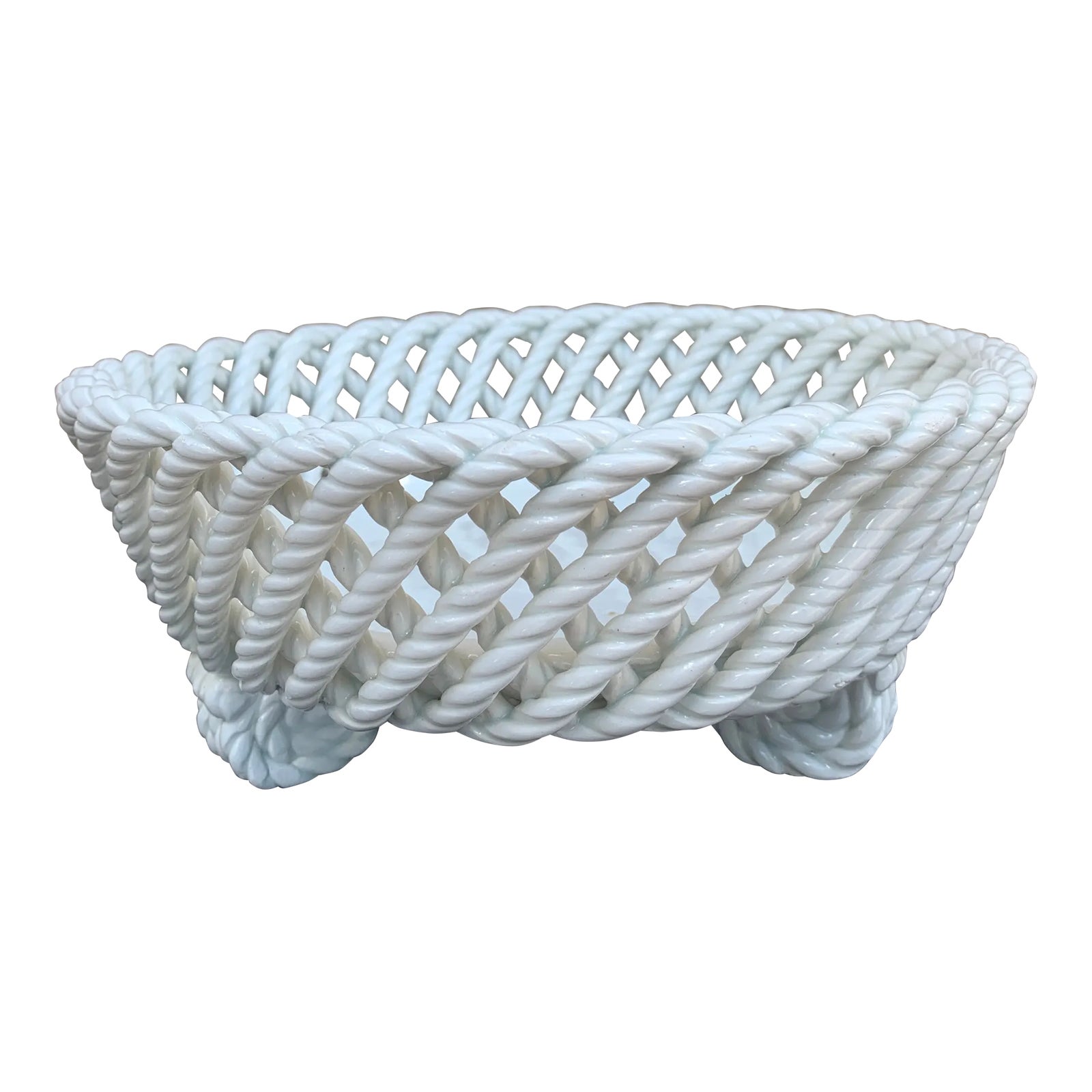 1960s French Country White Ceramic Woven Rope Cachepot Basket | Chairish
