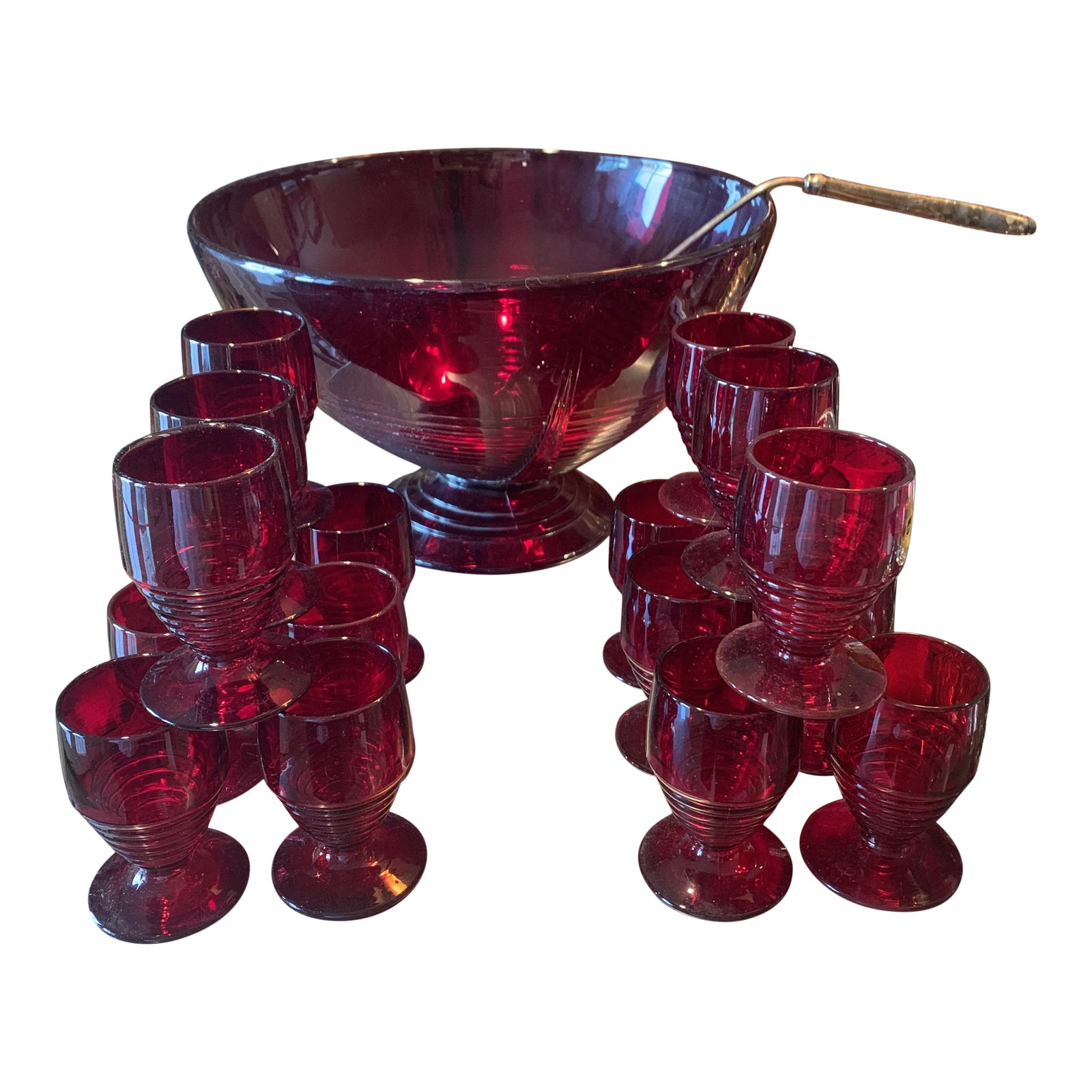 Vintage Ruby Tumblers & Silver Ladle Punch Set- 20 Pieces | Chairish