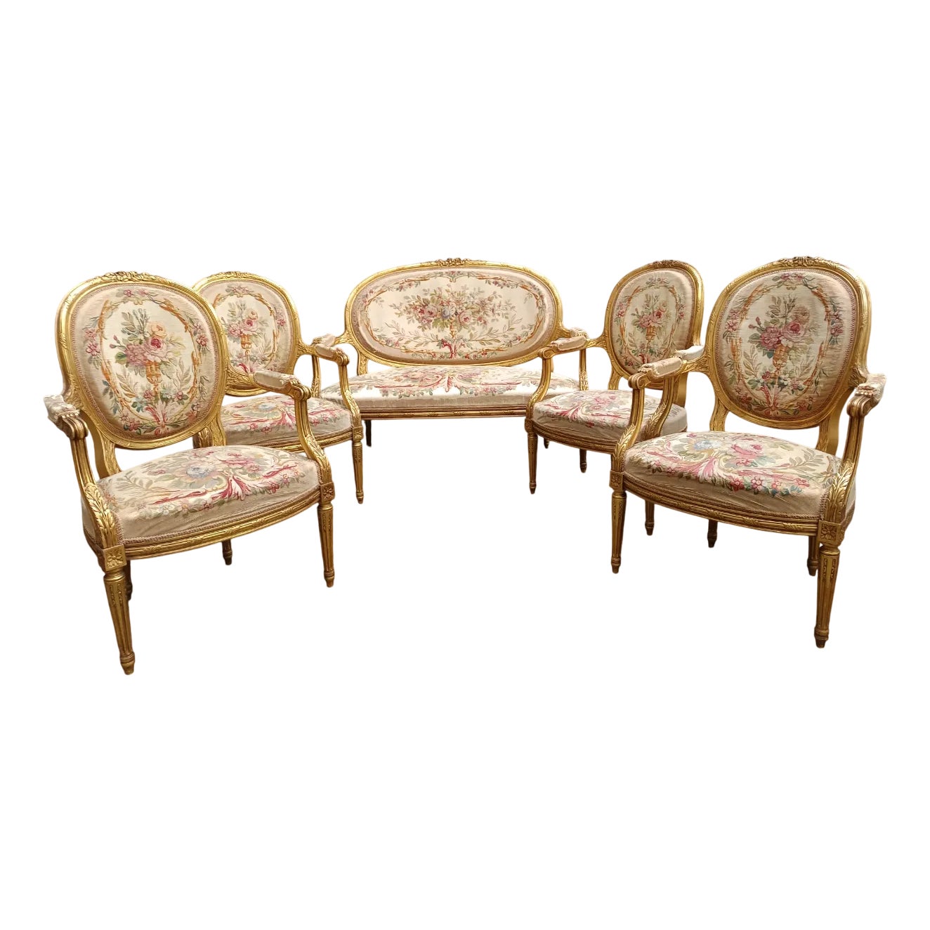 Louis XVI Gilded Wood Medallion Lounge Set, 1890s, Set of 5 | Chairish