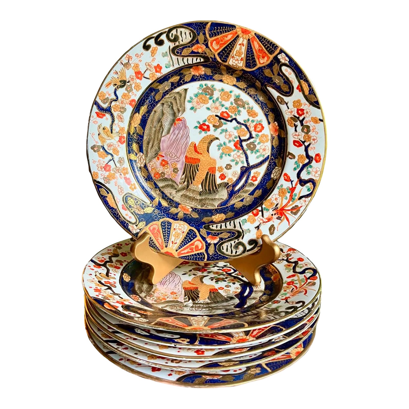 Chinoiserie Imari Style Hand Painted Gilt Dinner Plates, Set of 6 ...