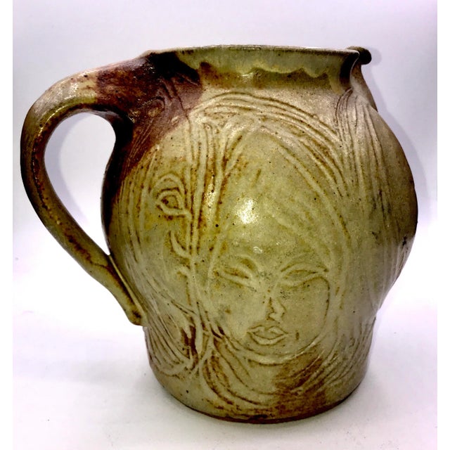 Mid 20th Century Abstract Faces Art Studio Pottery Pitcher | Chairish