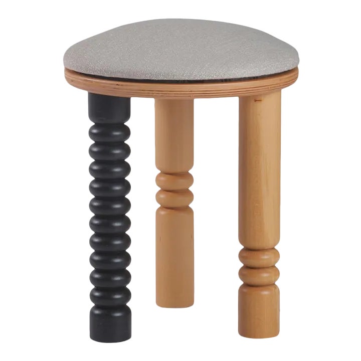 Small Bon Bon Ottoman, Natural Wood Color, Gray Fabric | Chairish