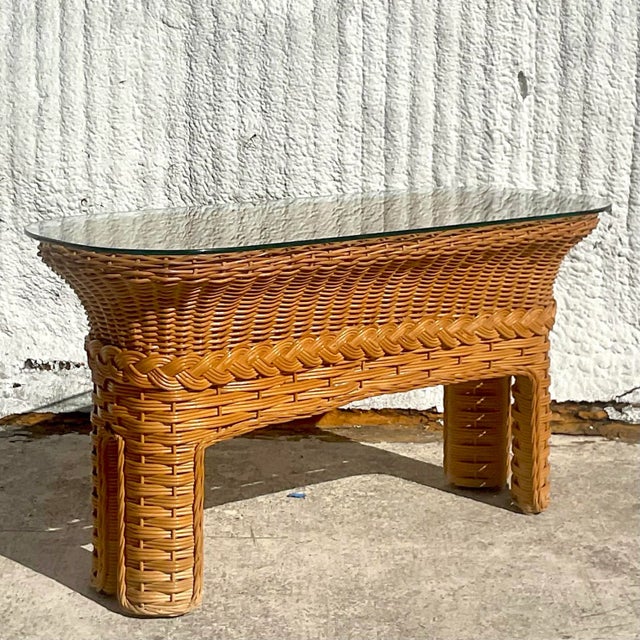 Vintage Coastal Braided Rattan Console Table | Chairish