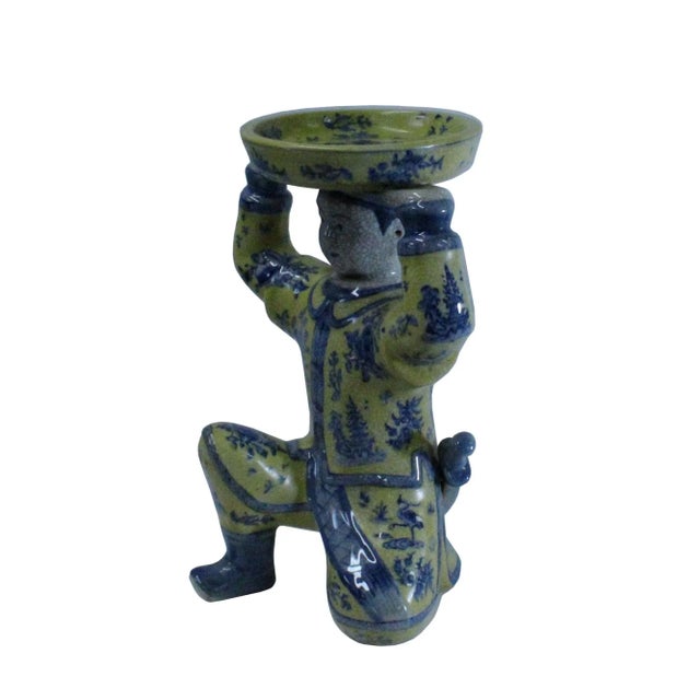 Oriental Vintage Ceramic Yellow Blue Flower Man Holding Dish Figure ...