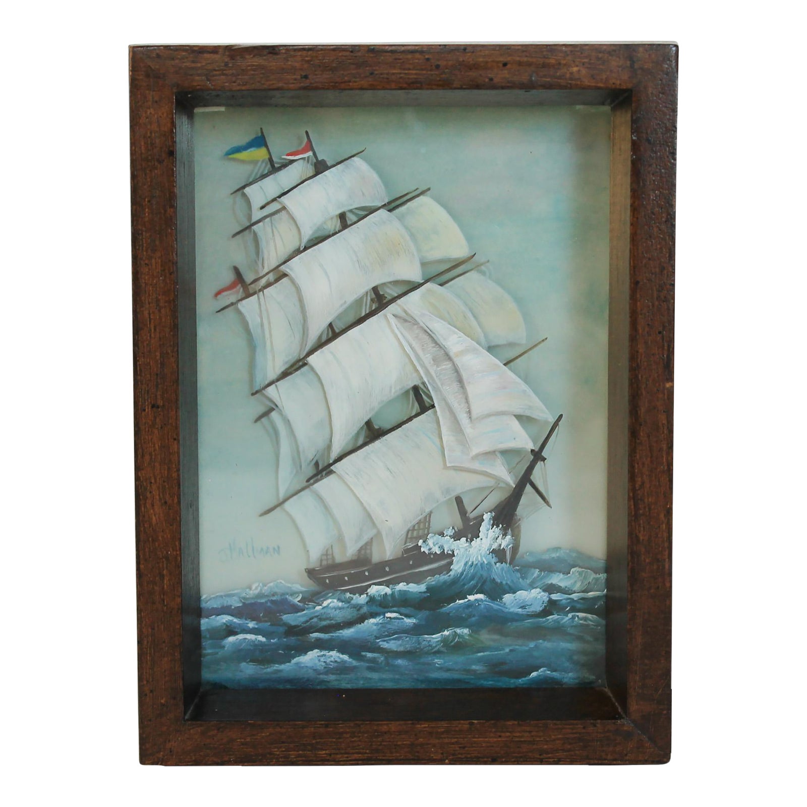 Vintage Multi Layer Glass Clipper Ship at Sea Painting | Chairish