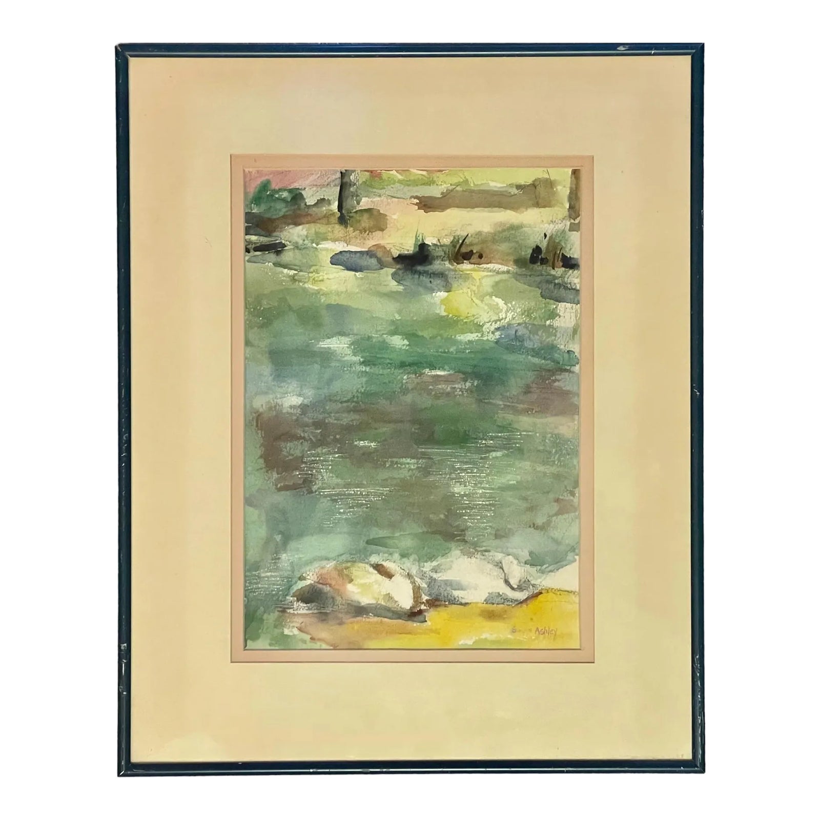 1970s Expressionist Watercolor Depicting Lake and Shore | Chairish