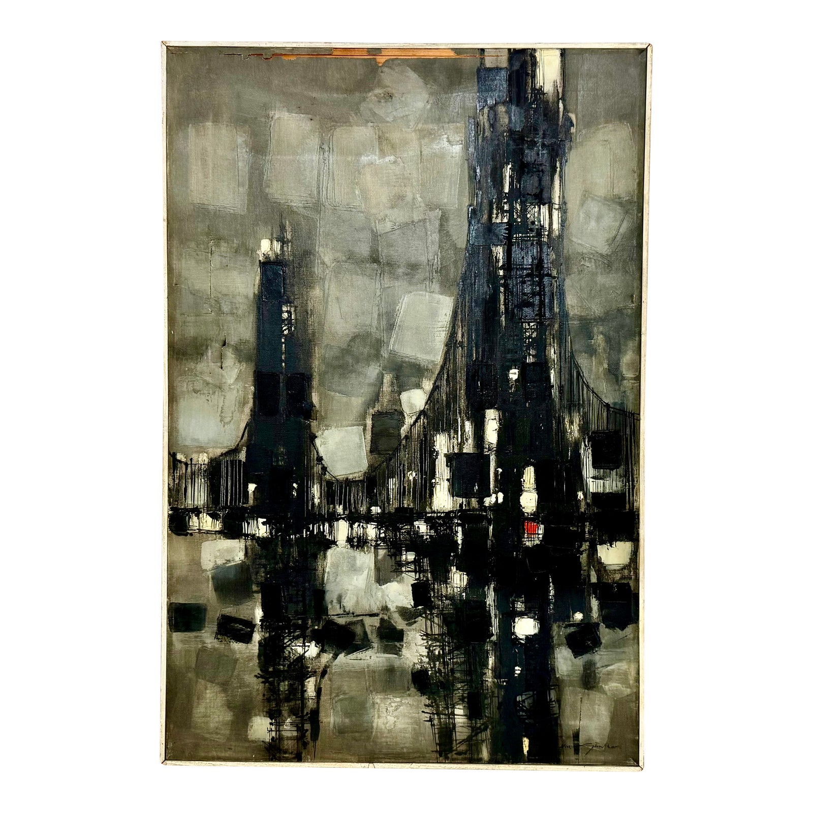 Modernist Max Gunther (1934-1974) Cityscape Oil Painting, "No Sun (1960 ...
